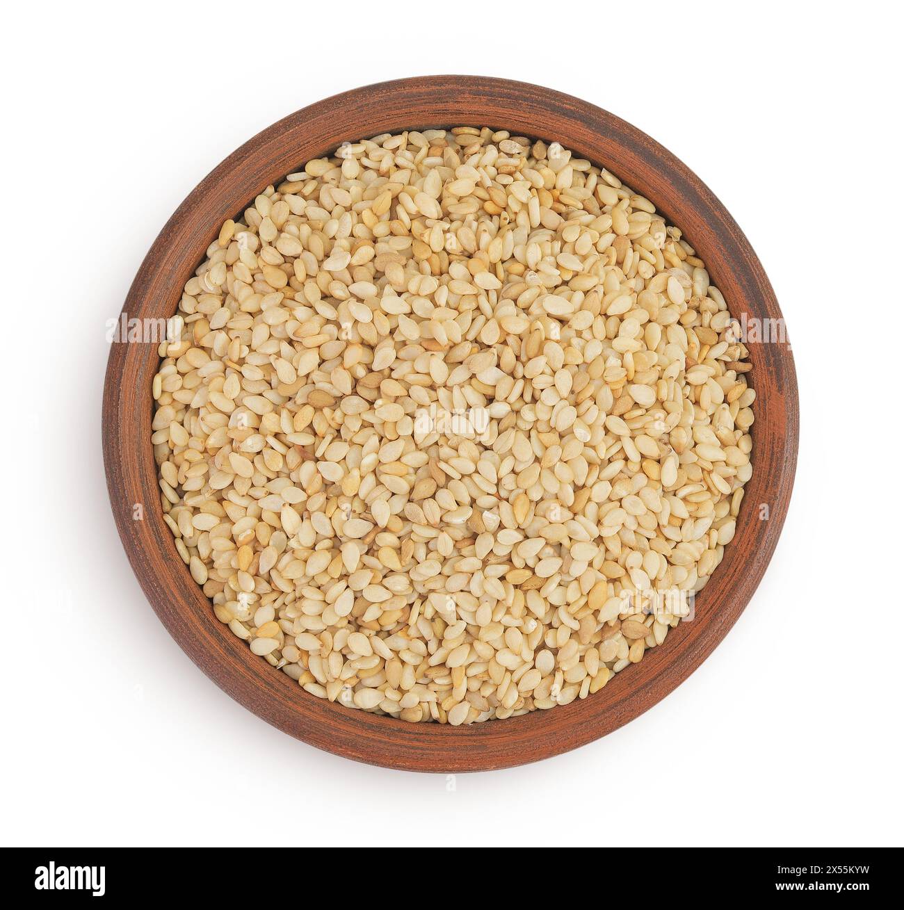 Sesame seeds in ceramic bowl isolated on white background. Top view ...