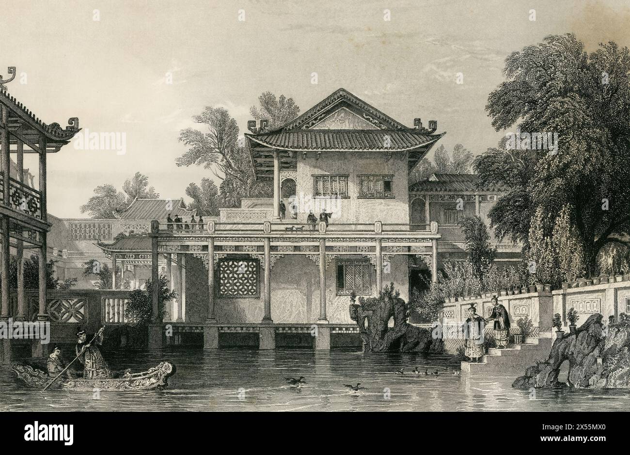 Traditional chinese pavilion overlooking water with people and boats hi ...