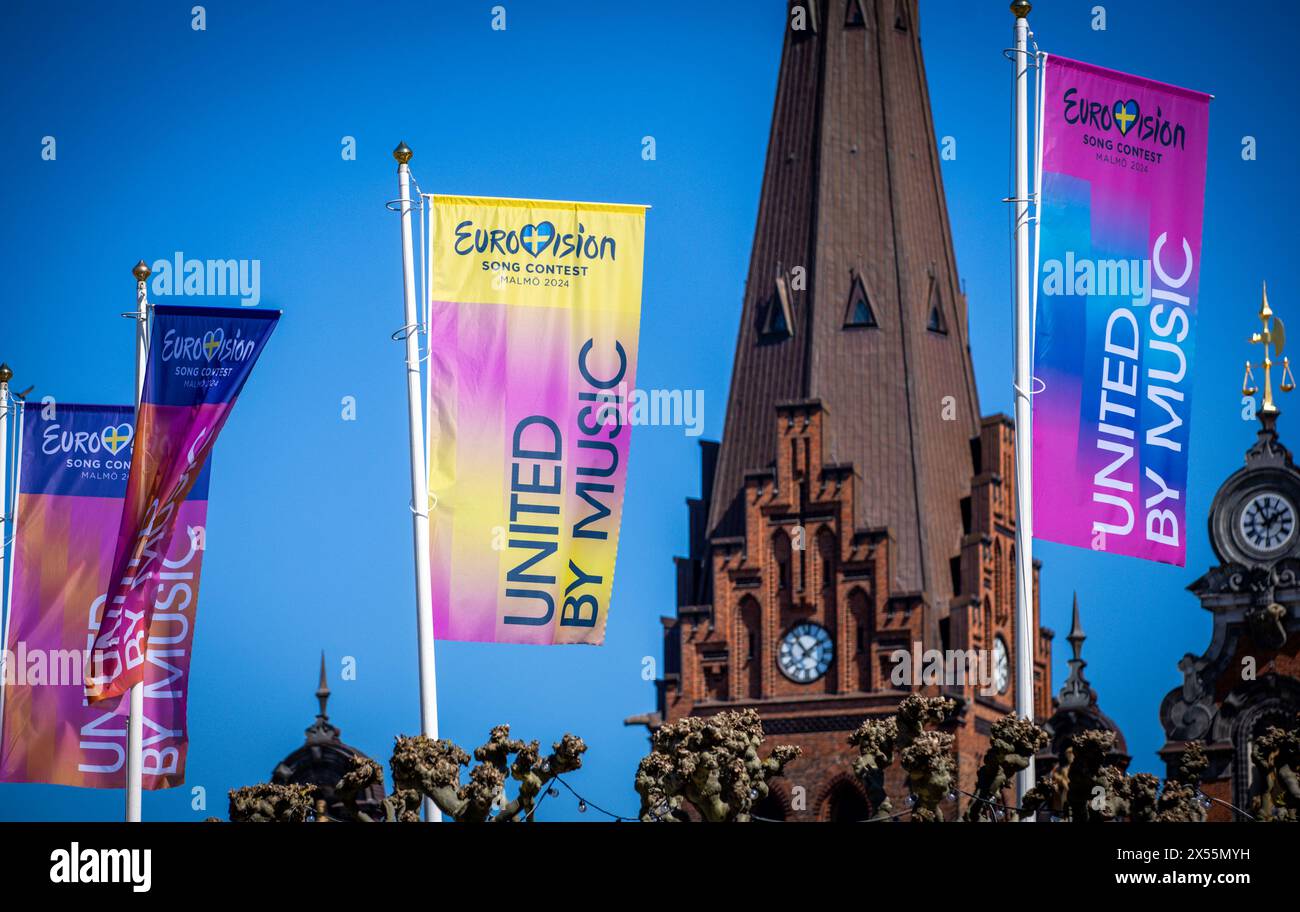 07 May 2024, Sweden, Malmö: The flags of the Eurovision Song Contest ...