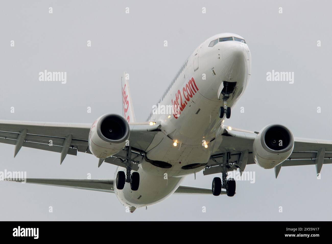 A Jet2.com logo on the side of a airplane Boeing 737 landing at East ...