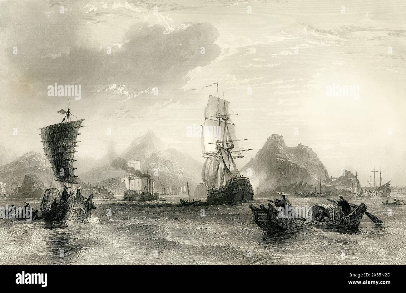 Sailing ships on a bustling sea with mountainous background in hi-res ...