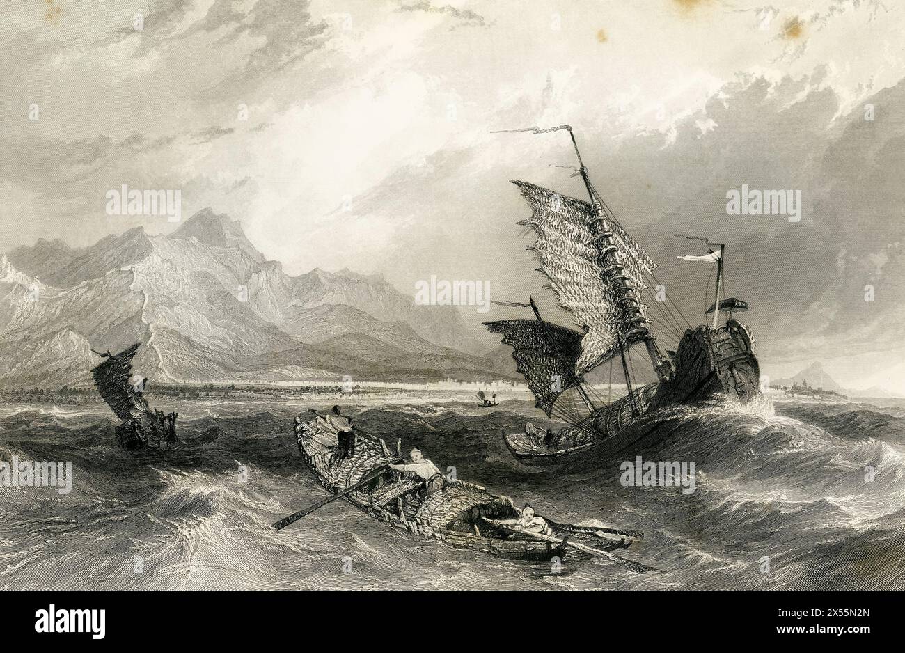Traditional sailing vessels navigating turbulent seas near mountainous ...