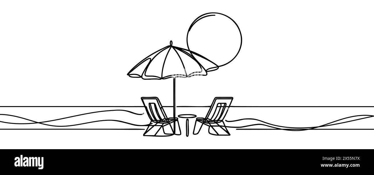Beach umbrella and two chairs in one continuous line drawing Stock ...
