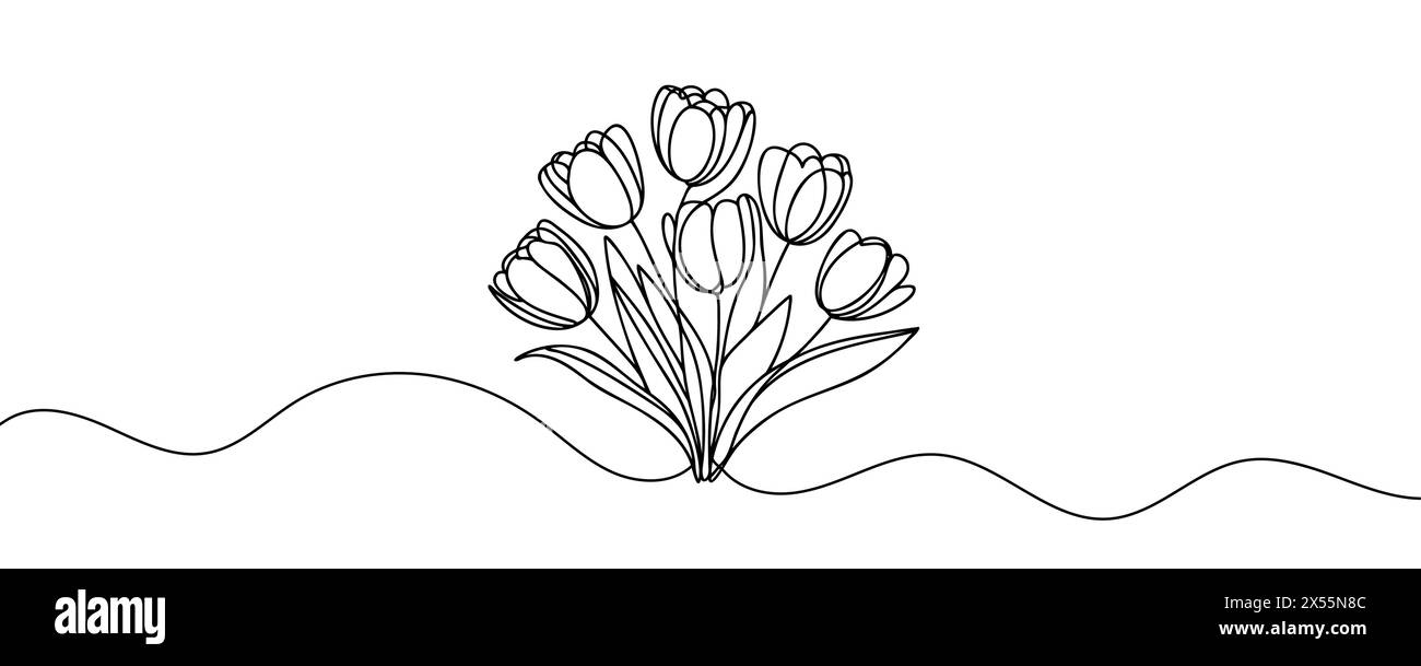 Continuous one line drawing tulips. Spring concept. Single line draw ...