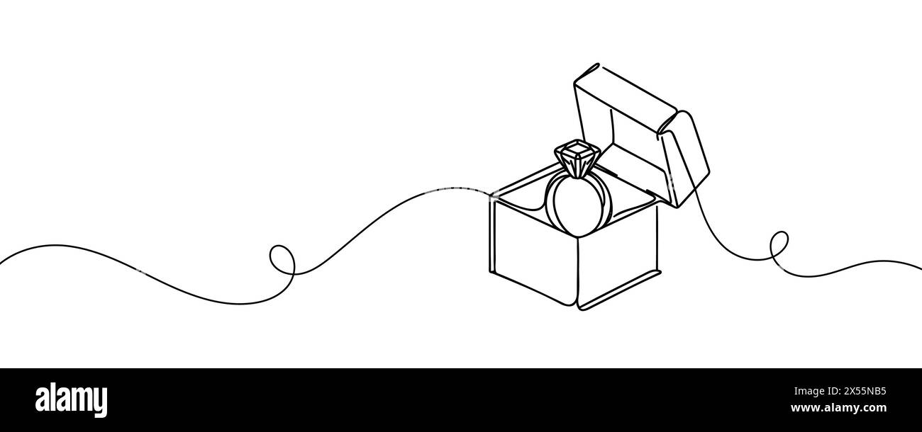 Wedding ring in a box, continuous line drawing. One line art, wedding ...