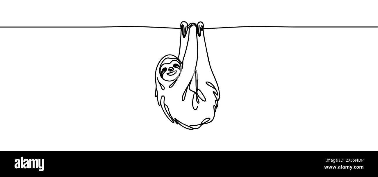 One single line drawing of lovely adorable sloth sleeping at branch ...