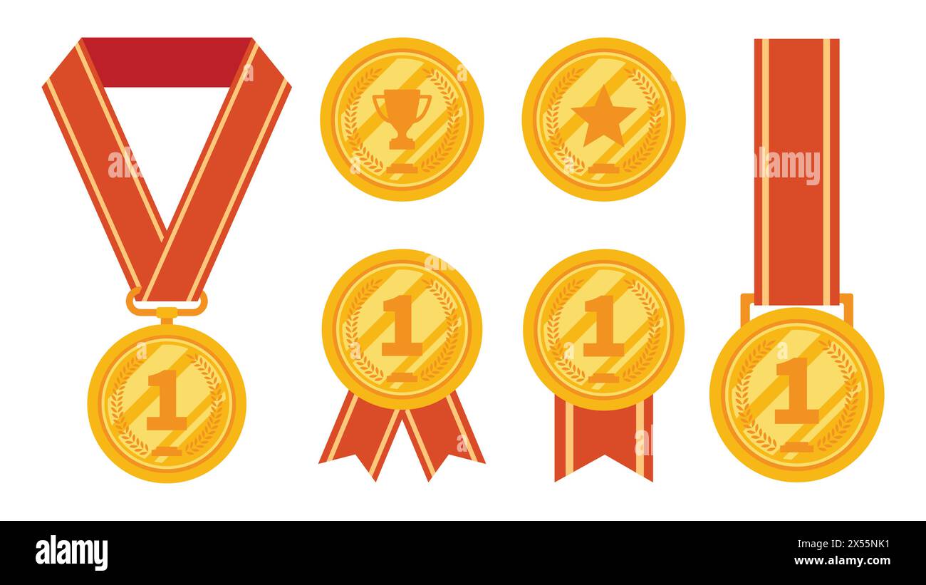 A set of gold medals with red ribbons for first place winners Stock ...