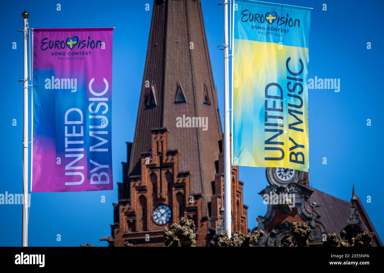 07 May 2024, Sweden, Malmö: The flags of the Eurovision Song Contest ...