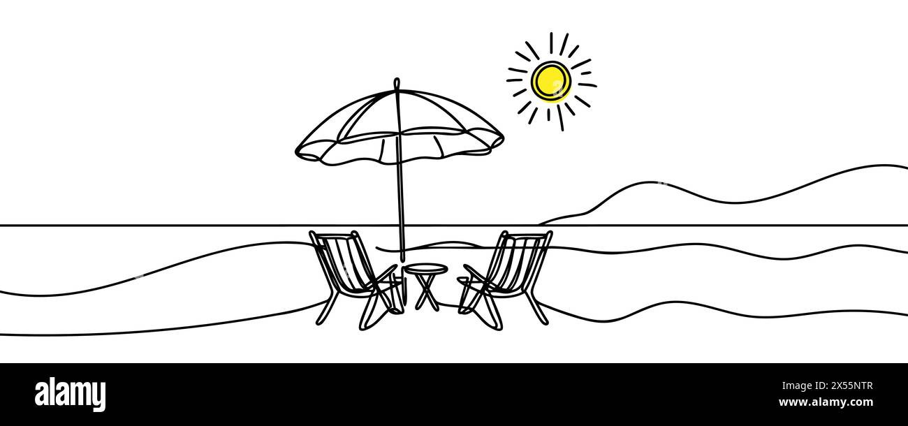 Beach umbrella and two chairs in one continuous line drawing Stock ...