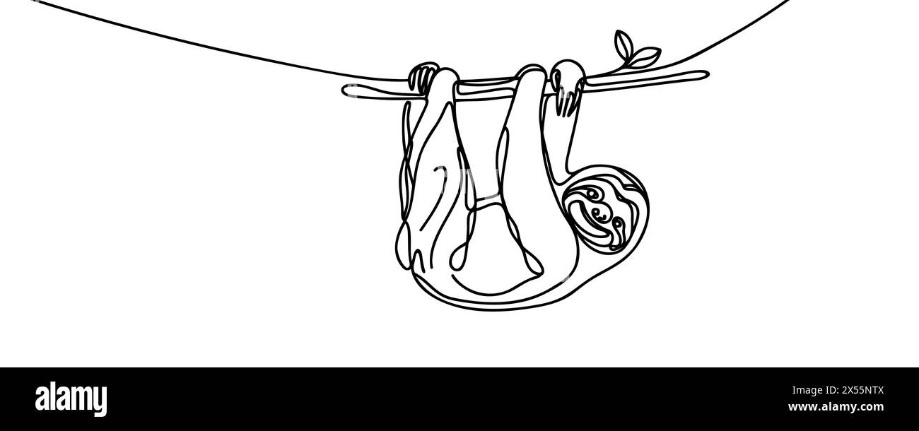 One single line drawing of lovely adorable sloth sleeping at branch ...