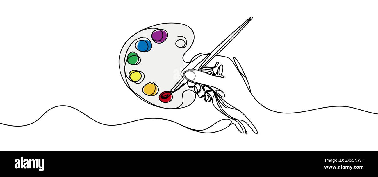 palette with paints and a hand with a brush drawn one line on a white ...