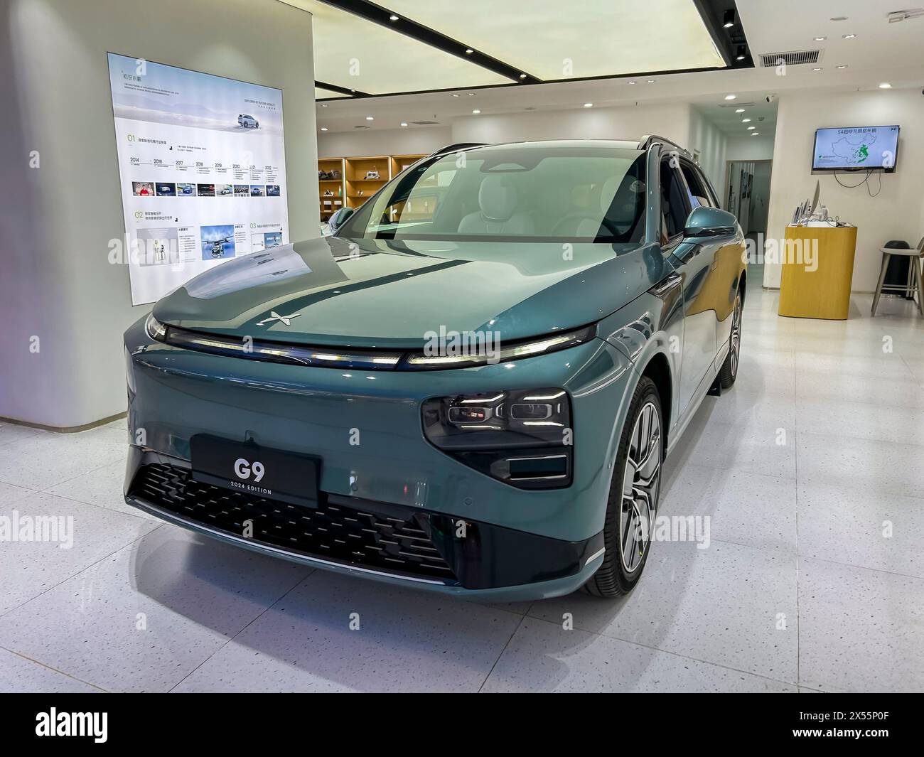 Shanghai, China, Chinese Electric Cars new, on Display in Car Showroom, « X G-9 » Model, Front ...
