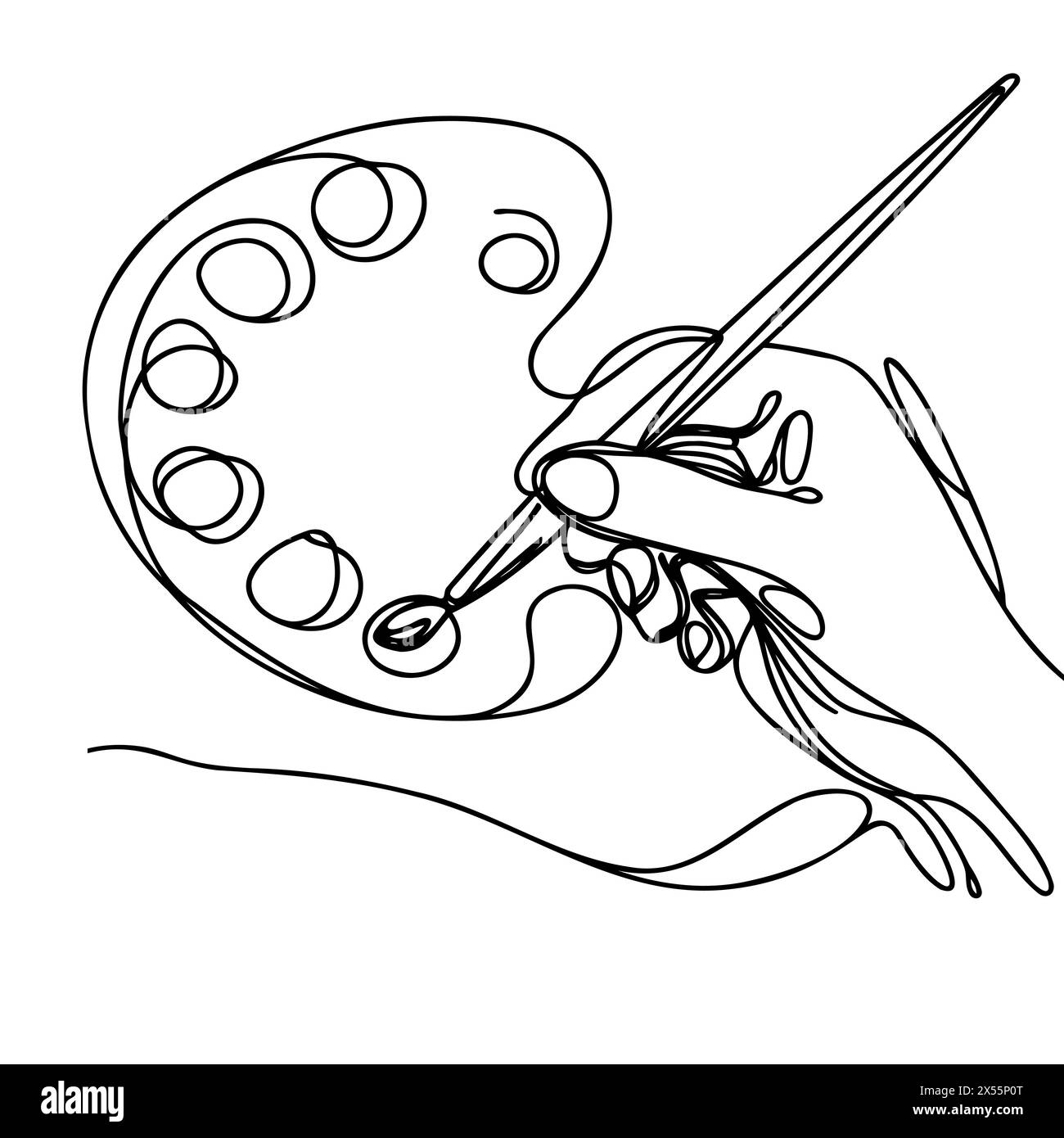 palette with paints and a hand with a brush drawn one line on a white ...