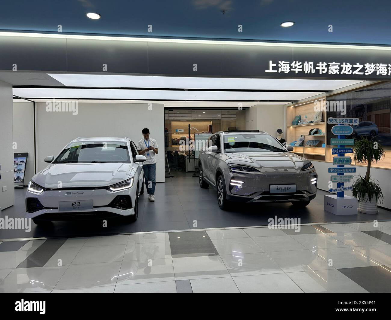 Shanghai, China, Chinese Electric Cars on Display in New Car Showroom, BYD « E2 » Store Front ...