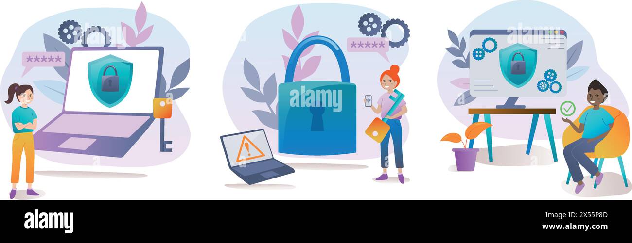 Cybersecurity And Password Strength Concept Set Of Illiustrations In Cartoon Style People