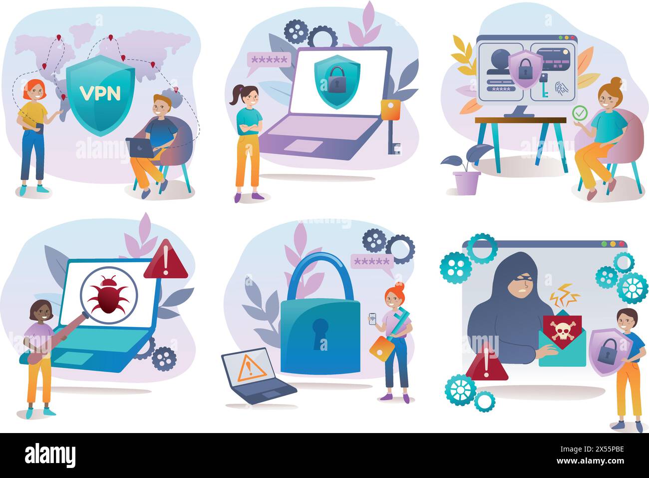 Cybersecurity set. Strength password, virtual private network, personal ...