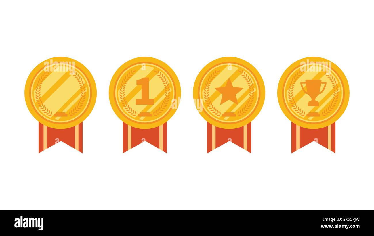 Four gold medals with red ribbons and stars on them. The medal is for ...