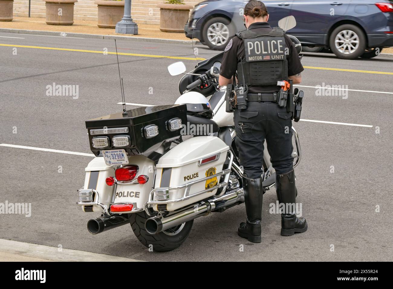 Washington DC, USA - 1 May 2024: Police officer of the police motor ...