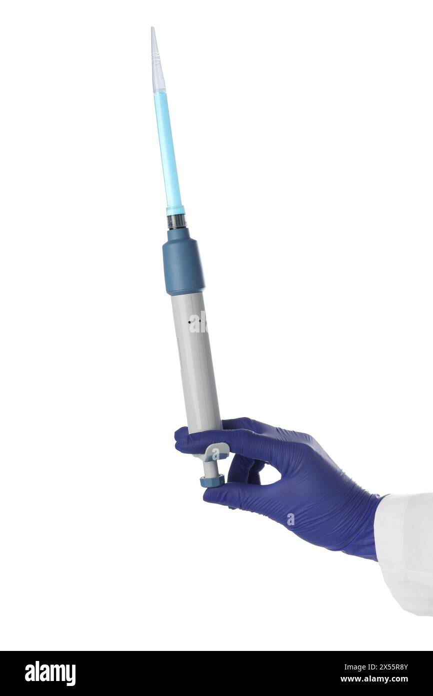 Laboratory analysis. Scientist holding micropipette on white background ...