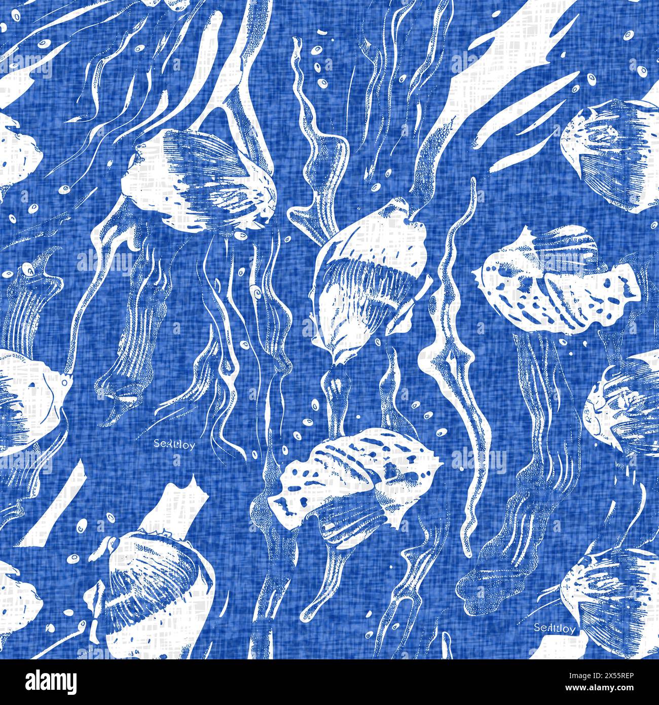 Azure blue white shell motif with linen seamless batik background ...