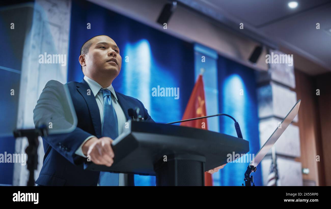 Portrait of Chinese Organization Representative Speaking at Press ...