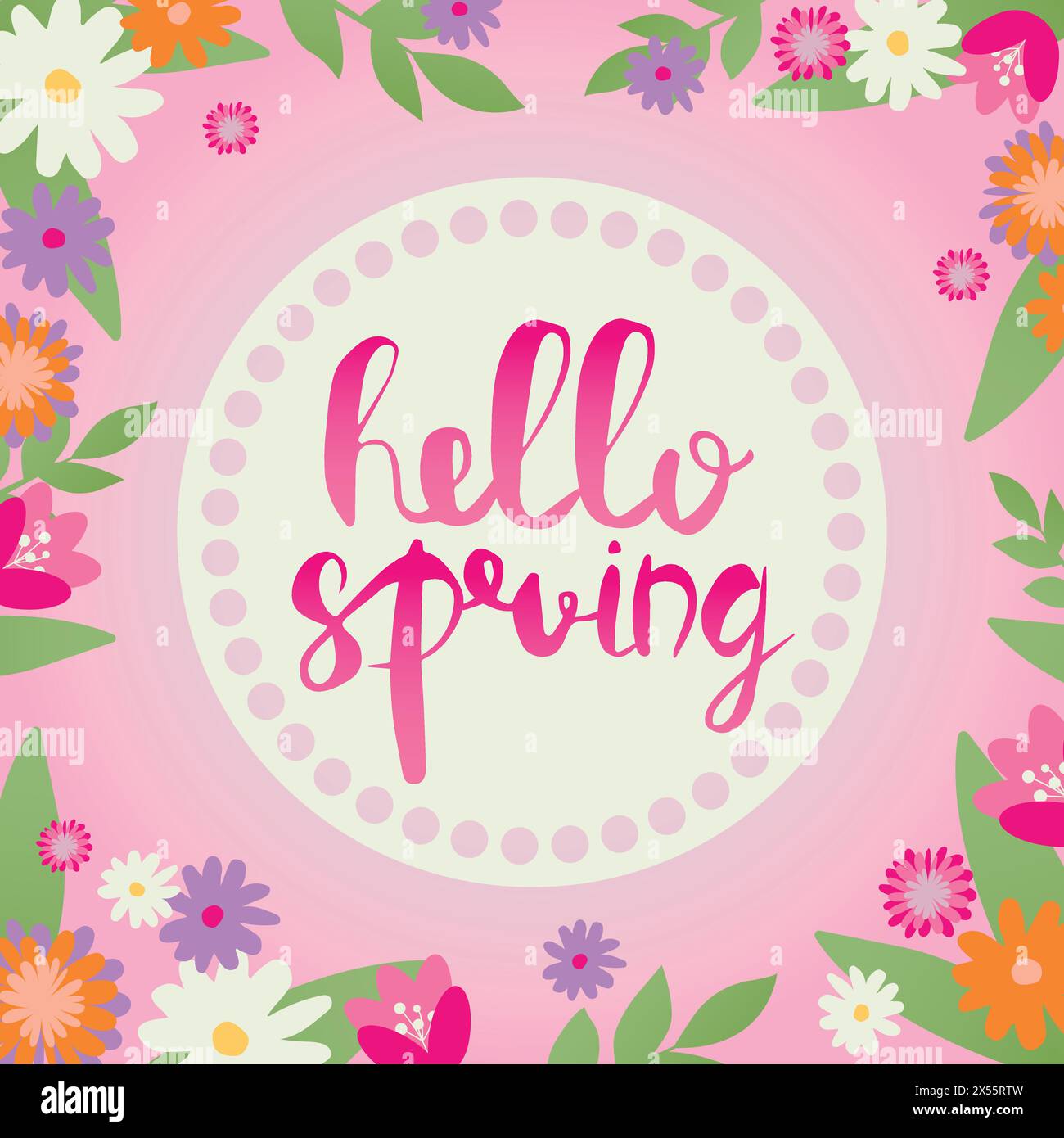 Hello spring card with decorative floral frame, vector illustration ...