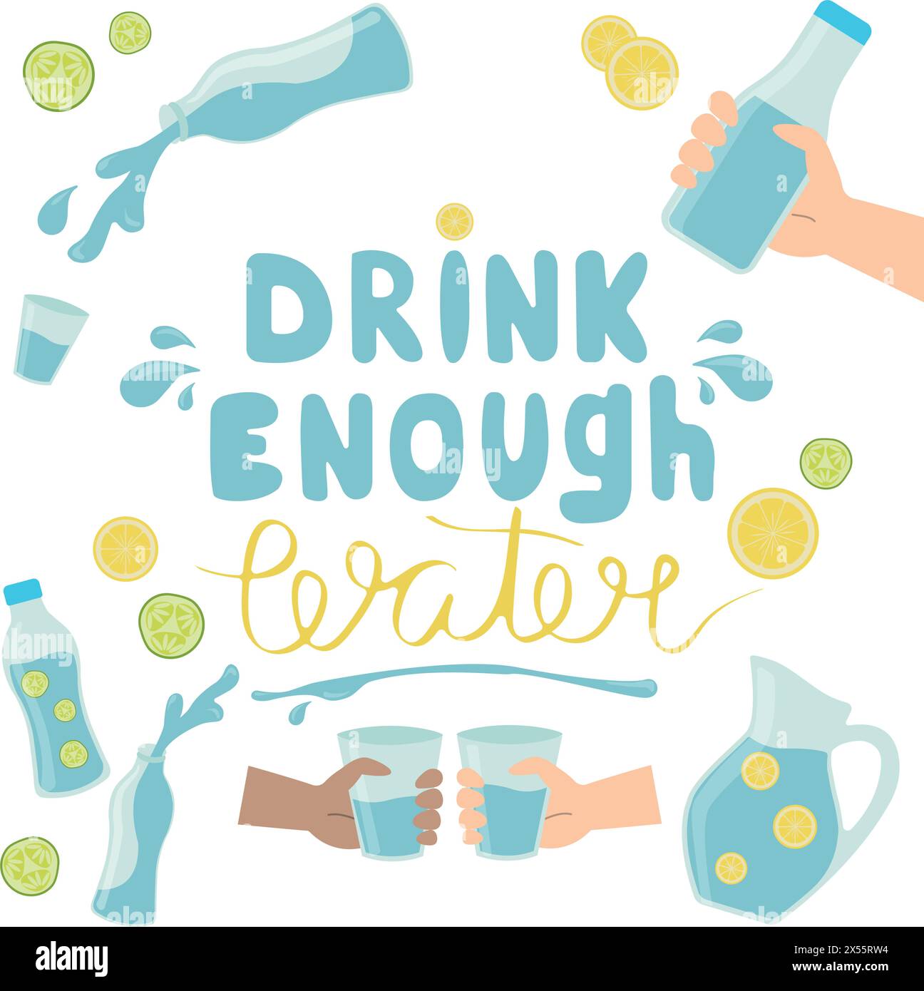 Set drink enough water. Cute funny hand drawn water elements in glass and bottle, healthy ...