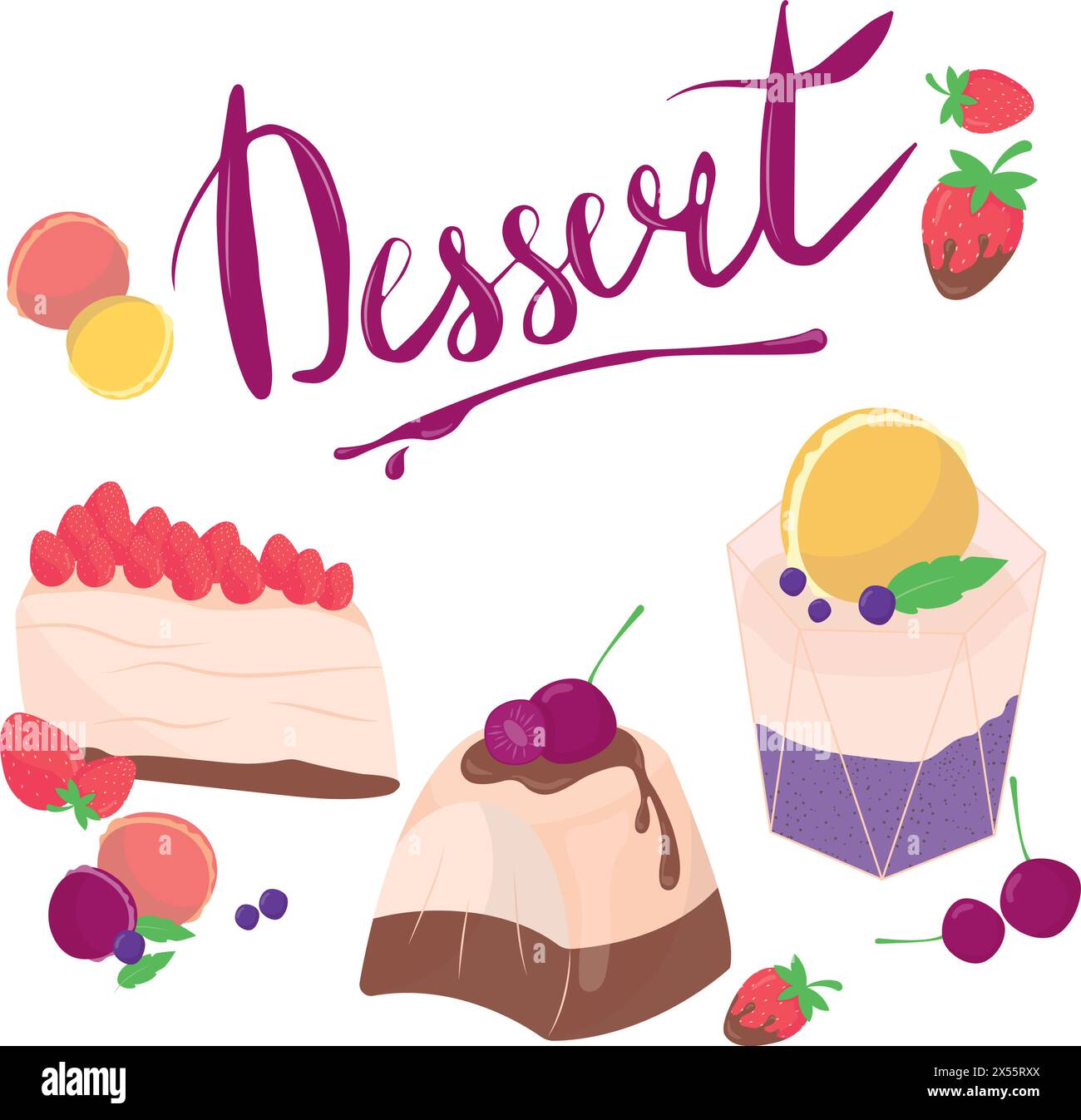 Set of desserts. Panna cotta, pudding, cheesecake. Vector illustration ...