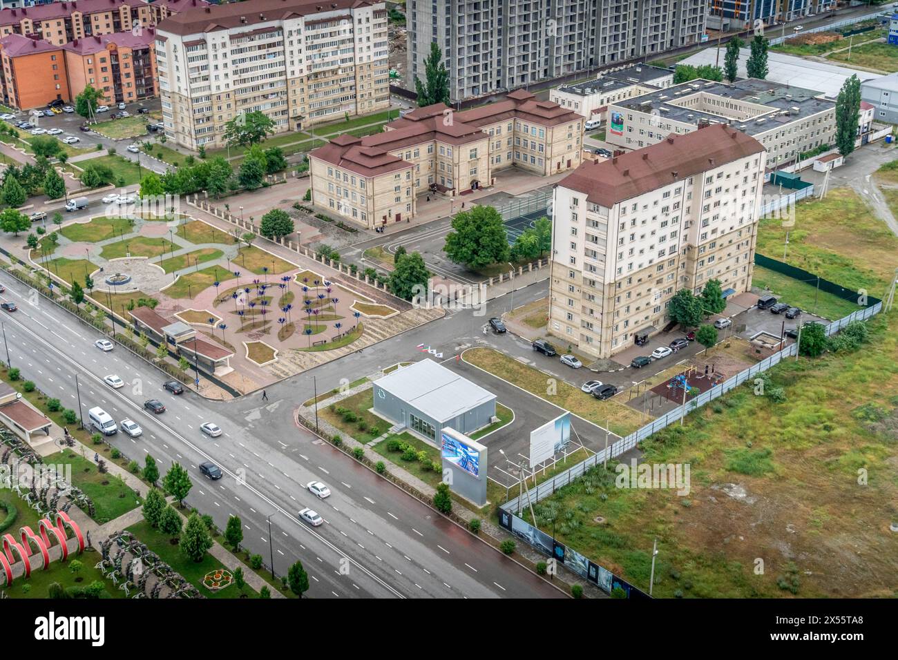 The aerial view on residential areas and park in Grozny city, capital ...
