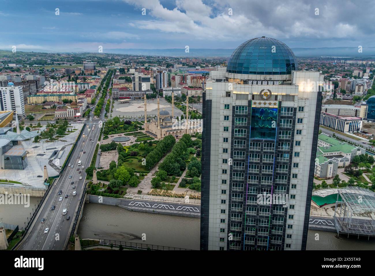 The panorama view on Grozny city, skyscraper, park, downtown building ...