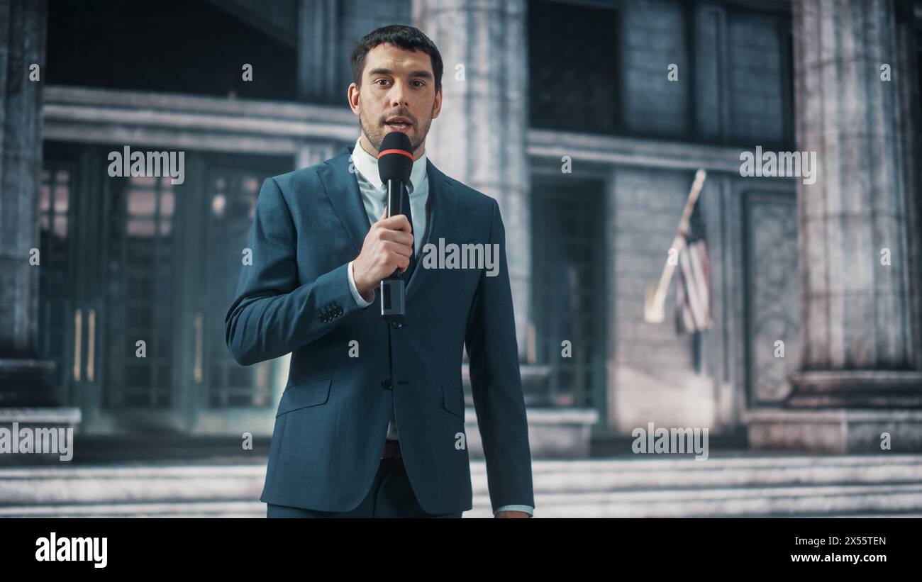 Anchorman Reporting Breaking News Live Outside an United States of ...