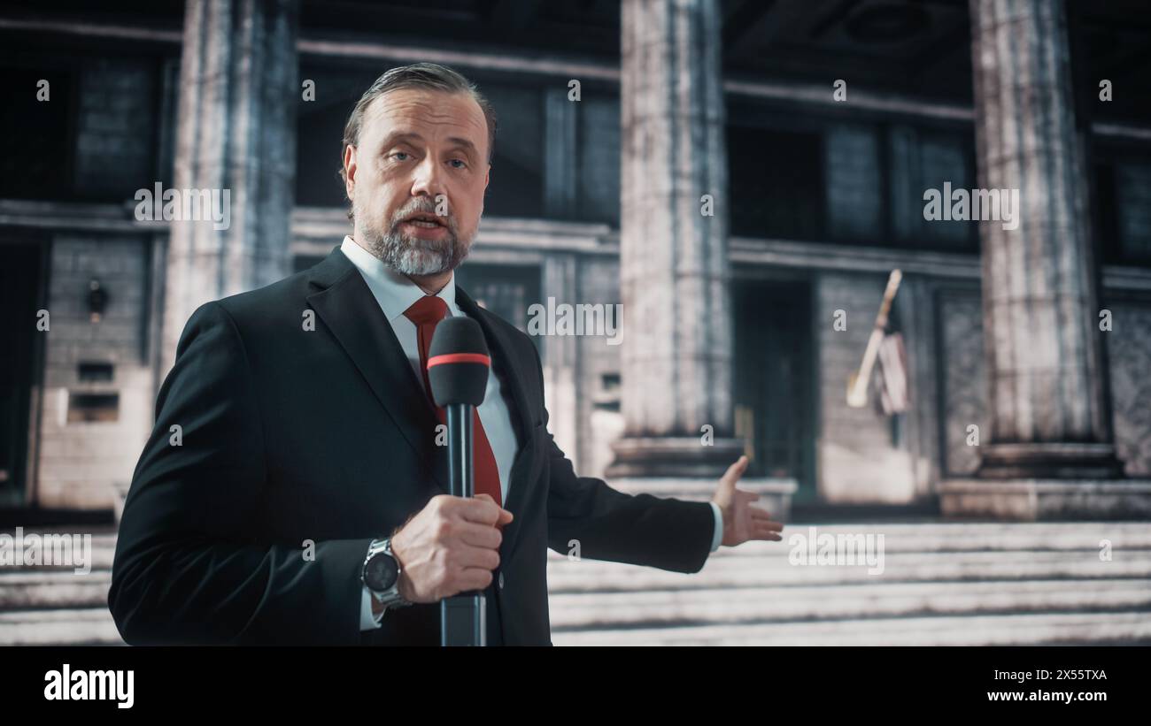 Anchorman Reporting Breaking News Live Outside an United States of ...