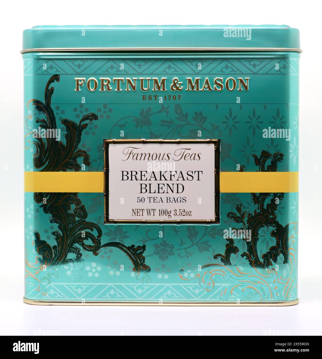Photo of a tin of 50 tea bags Famous Teas Breakfast Blend from Fortnum & Mason close up on a ...