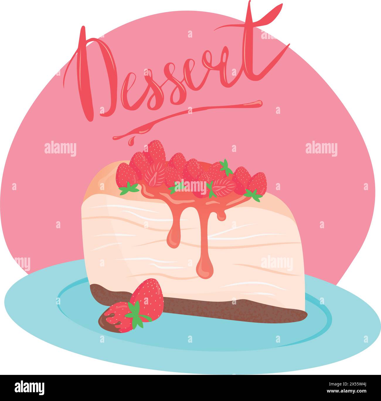 Tasty cheesecake with strawberry on plate. Vector illustration with ...