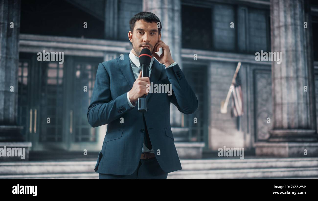 Anchorman Reporting Breaking News Live Outside an United States of ...