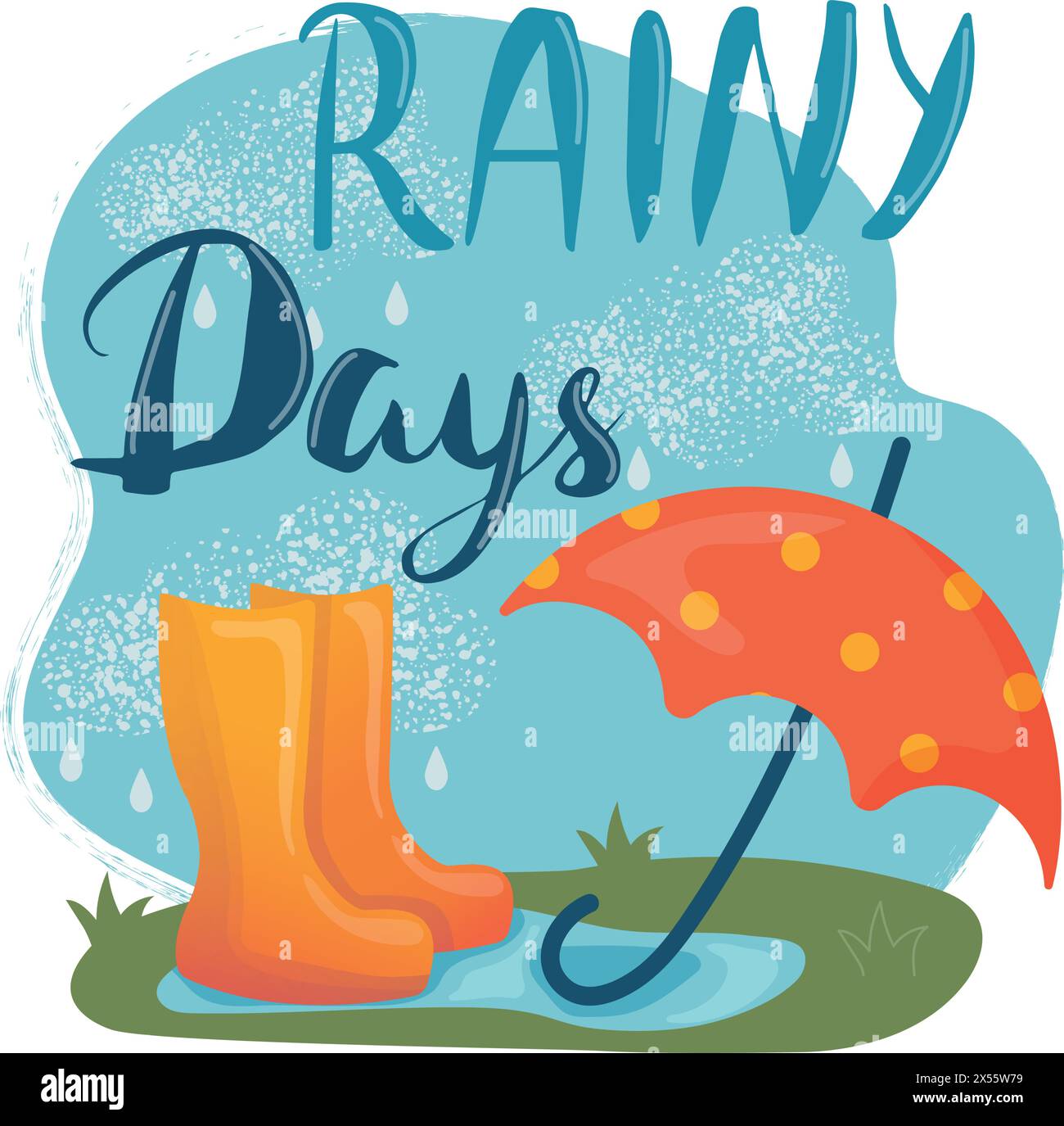 Rainy days card, poster or banner. Orange boots, umbrella and clouds ...