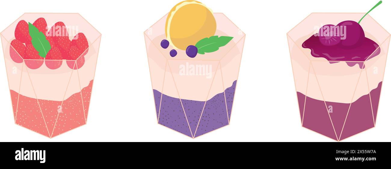 Set of desserts panna cotta in glasses with berries and layer of jam ...