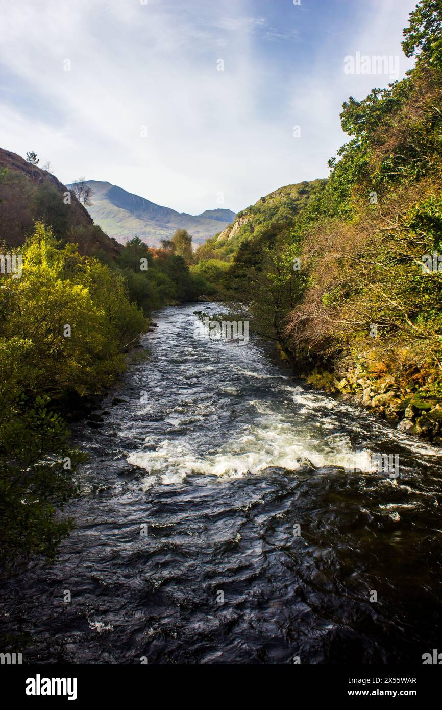 The fast flowing Glaslyn River, Aflon Glaslyn, flowing through the ...