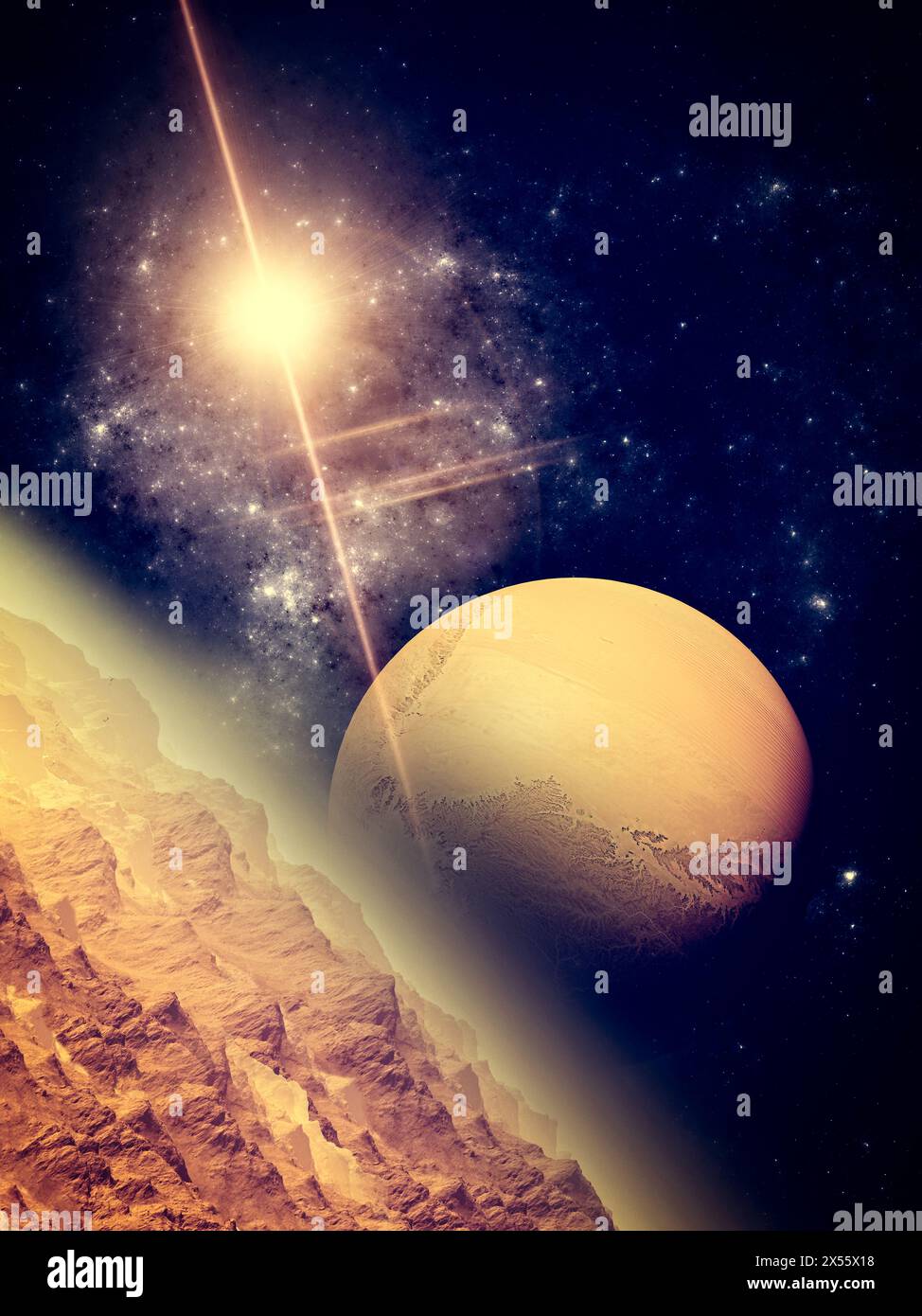 Sci-fi landscape. Exoplanet seen from one of its moons. Satellites of ...