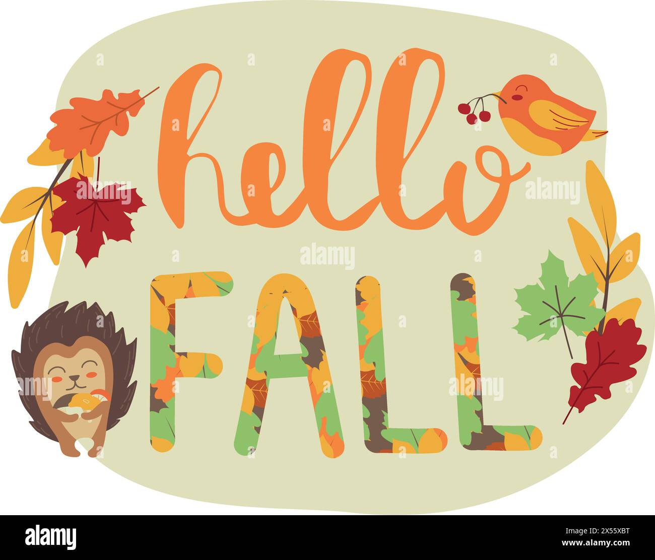 Hello Fall cute lettering, custom calligraphy with autumn leaves on ...