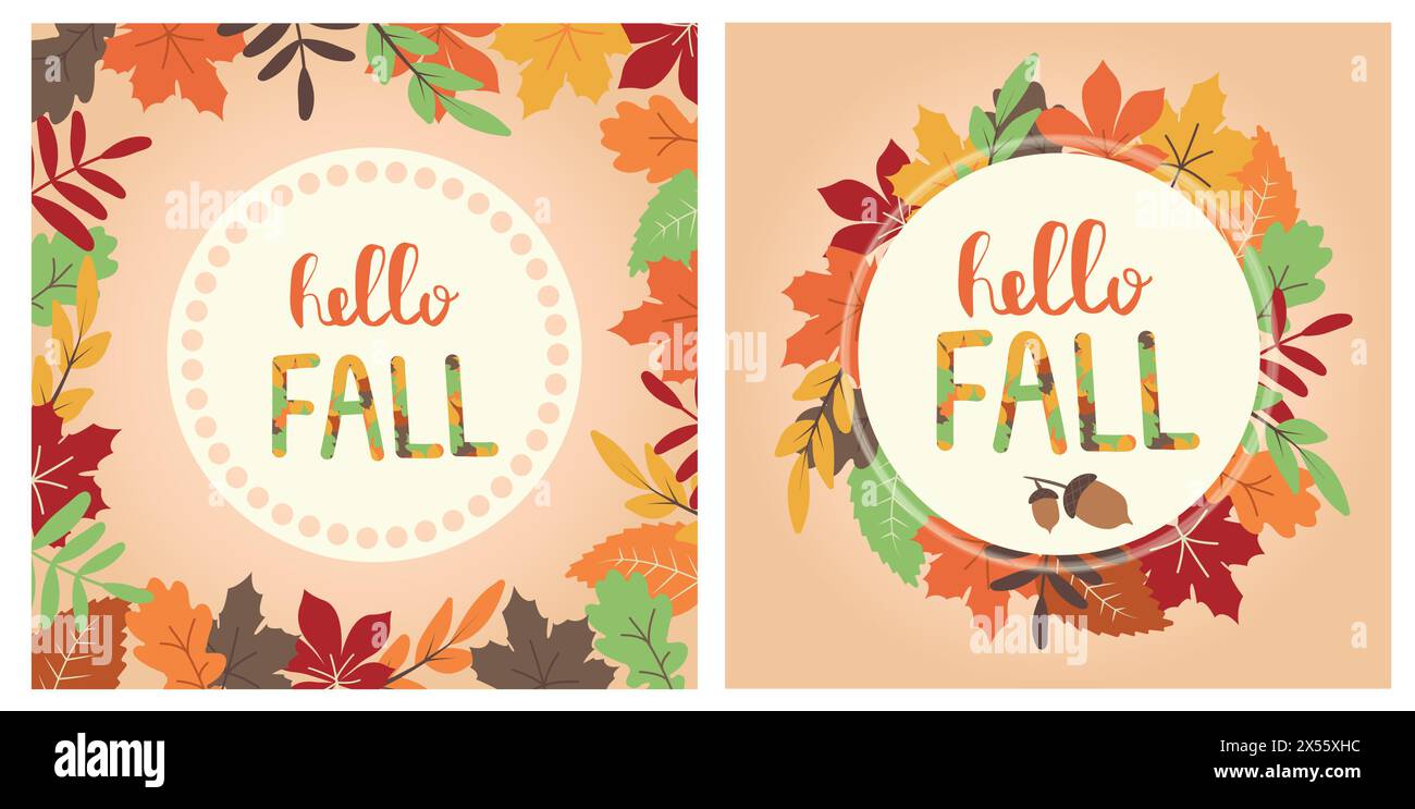 Hello fall greeting cards with different autumn leaves. Card with ...