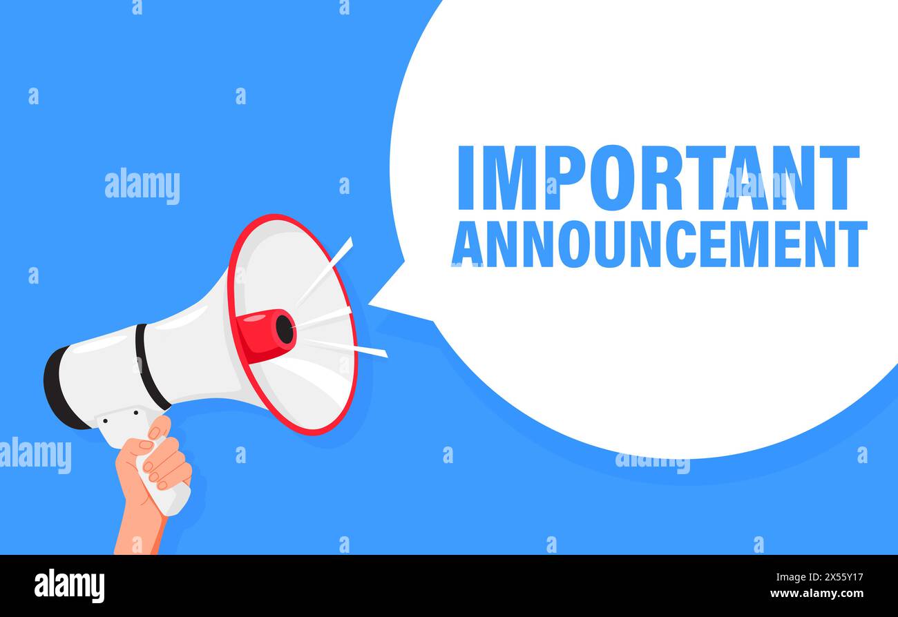 Important Announcement. Hand hold megaphone speaker for announce. Attention please. Shouting ...