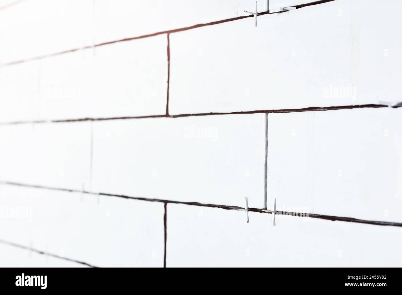 White light brick tiles wall texture wide background in rustic style ...