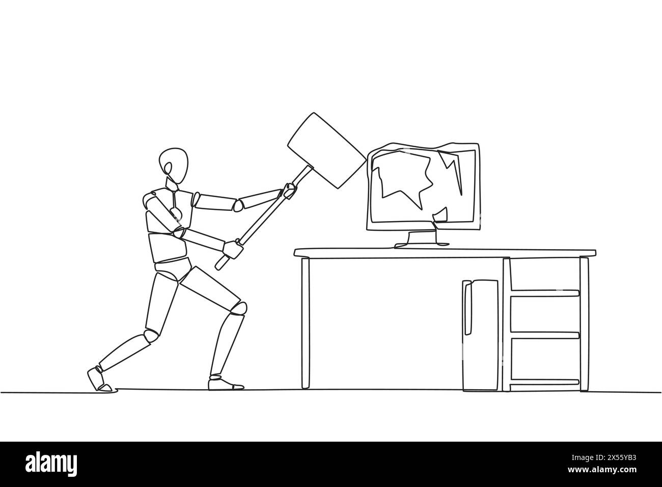 Single continuous line drawing smart robotic preparing to hit computer ...