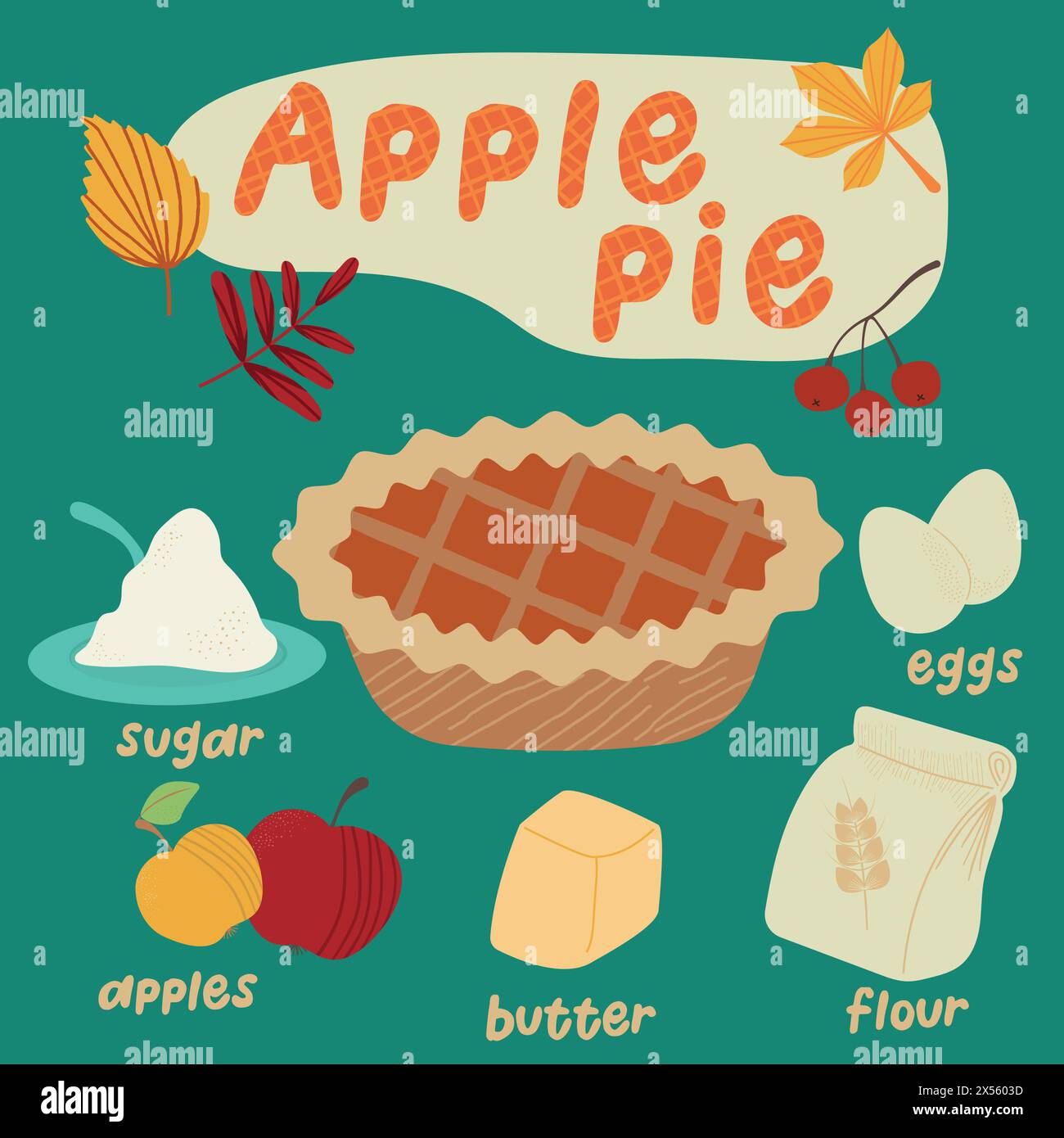 Homemade apple pie hand drawn recipe. Print for design of menu of ...