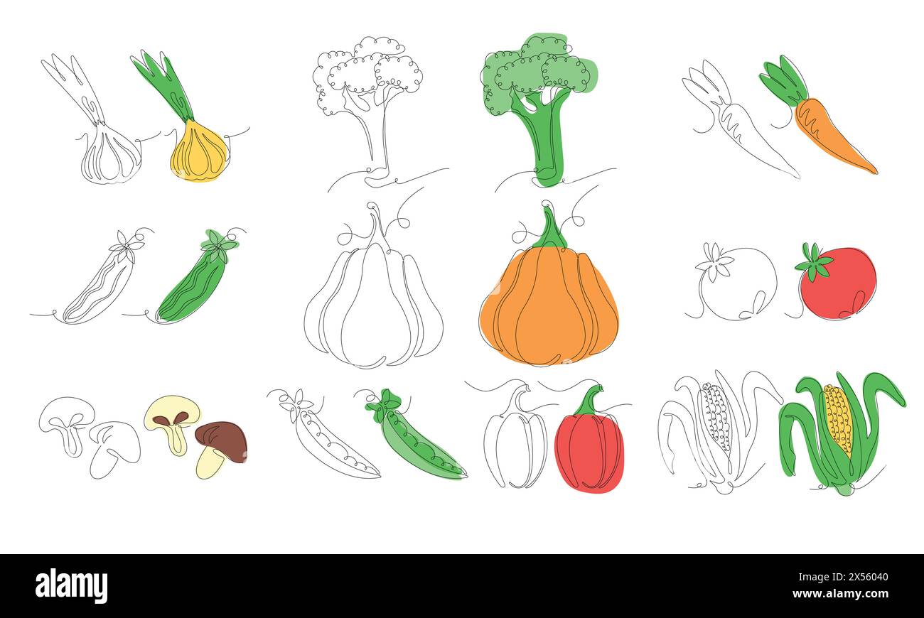 Set of vegetables in continuous line art drawing style. Vegetables ...