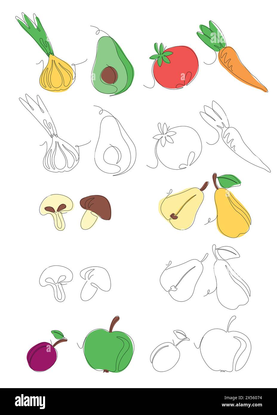 Vegetables and fruits in continuous line art drawing style. Minimalist ...