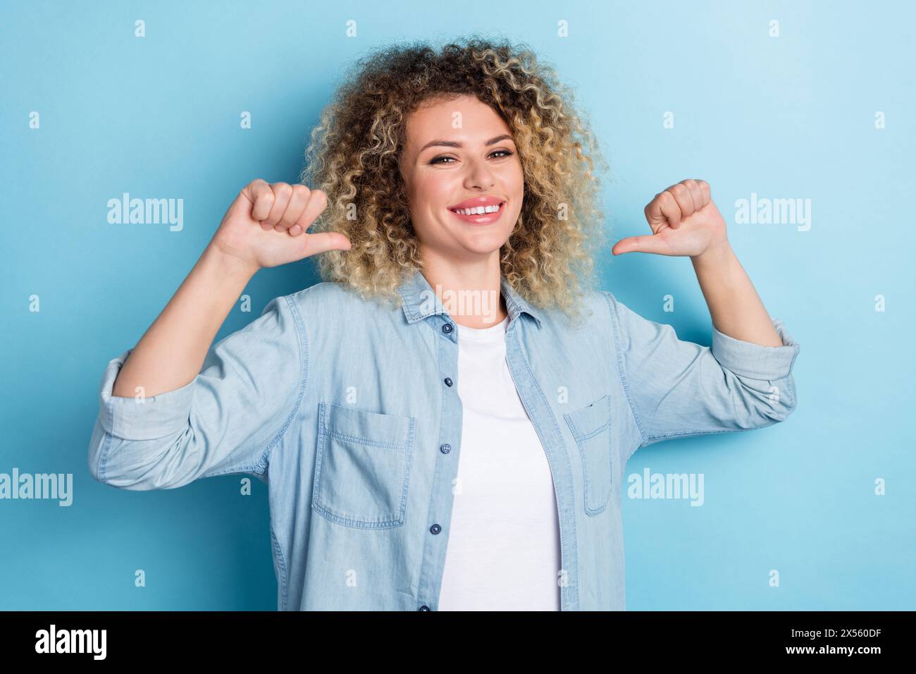 Photo of confident charismatic lady direct thumbs herself boasting wear ...