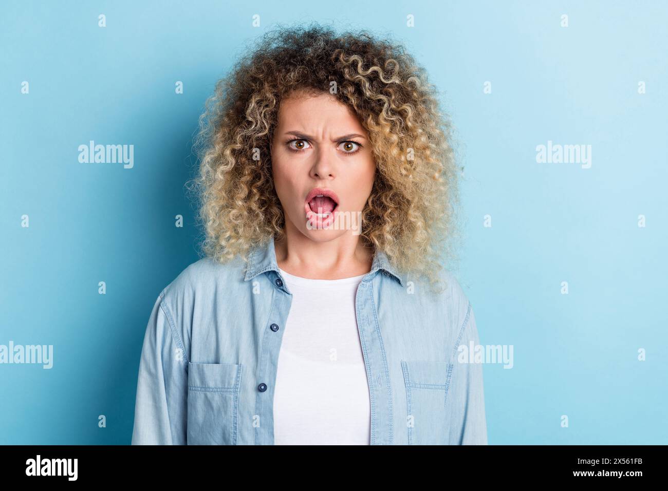 Photo of stunned offended lady look camera open mouth complaint concept ...
