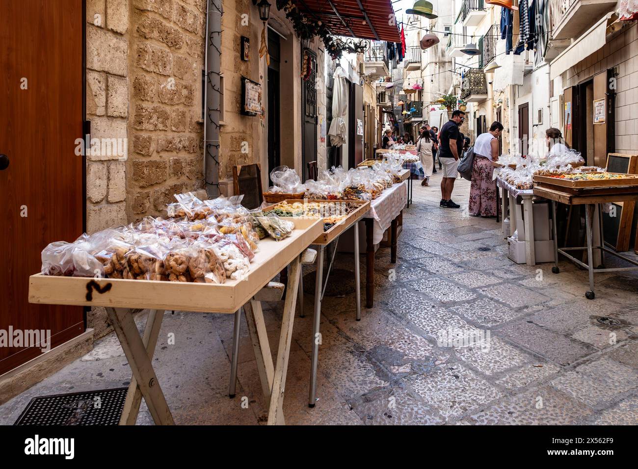 Bari, Italy, Old Town, Street sellers offering various types of pasta ...